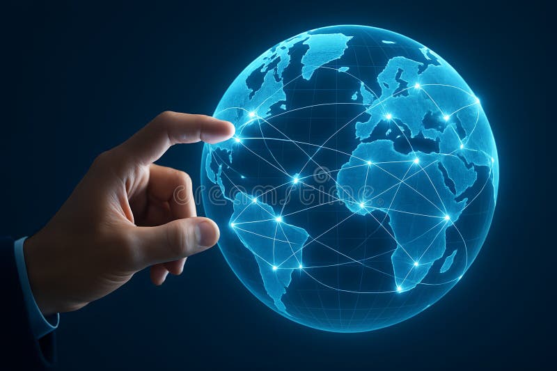 Hand Touching Glowing Blue Digital Globe with Interconnected Network ...