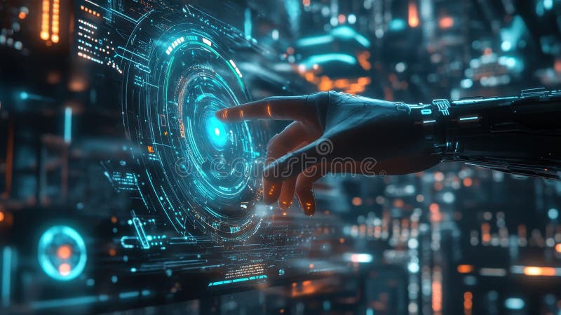 A Hand is Touching a Glowing Circle on a Computer Screen, Concept of ...