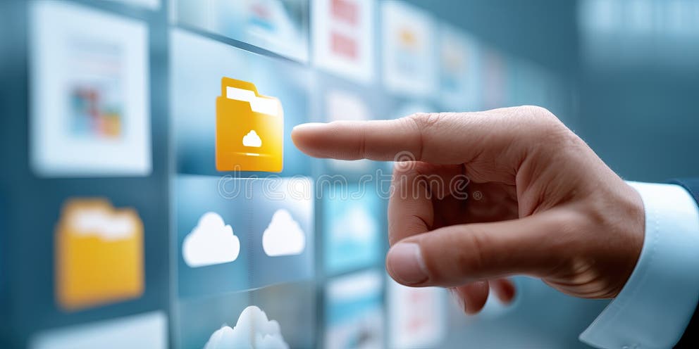 Hand Touching Glowing Cloud Folder Icon on Digital Interface ...