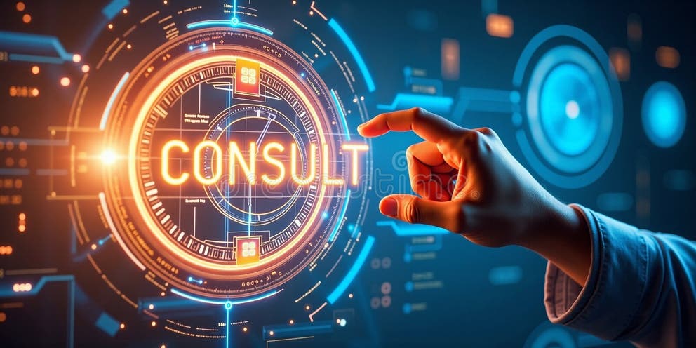 Hand Touching Glowing Consult Icon and Business Analytics Interface ...