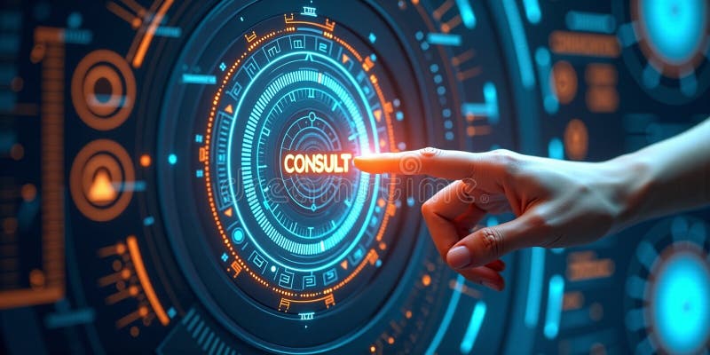 Hand Touching Glowing Consult Icon and Business Analytics Interface ...