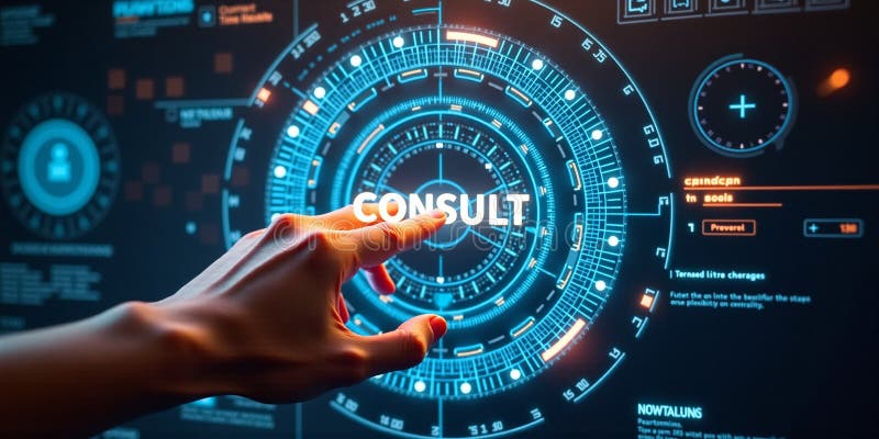 Hand Touching Glowing Consult Icon and Business Analytics Interface ...