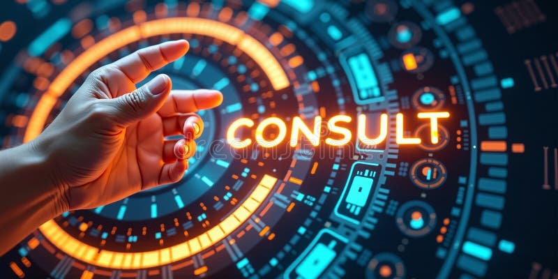 Hand Touching Glowing Consult Icon and Business Analytics Interface ...