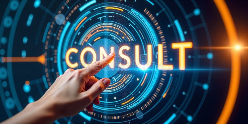 Hand Touching Glowing Consult Icon and Business Analytics Interface ...