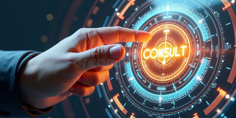 Hand Touching Glowing Consult Icon and Business Analytics Interface ...