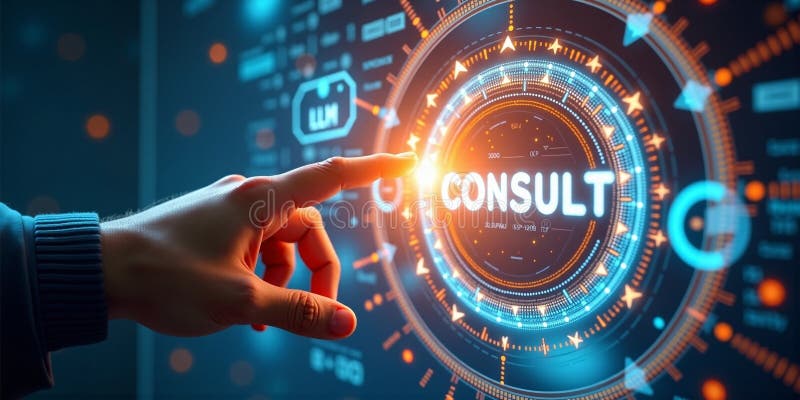 Hand Touching Glowing Consult Icon and Business Analytics Interface ...