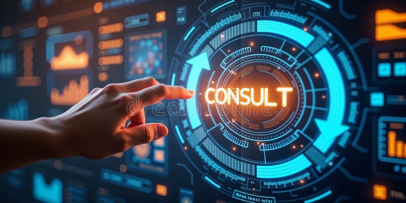 Hand Touching Glowing Consult Icon and Business Analytics Interface ...