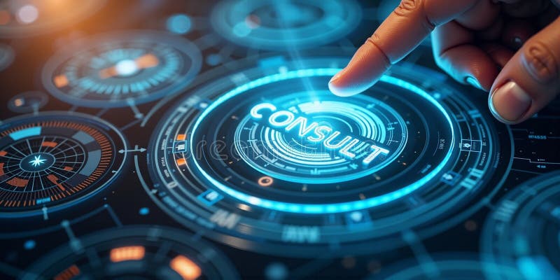 Hand Touching Glowing Consult Icon and Business Analytics Interface ...