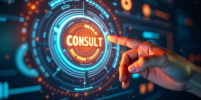 Hand Touching Glowing Consult Icon and Business Analytics Interface ...