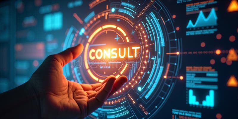 Hand Touching Glowing Consult Icon and Business Analytics Interface ...