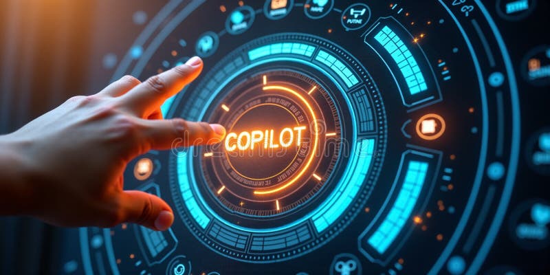 Hand Touching Glowing Copilot Icon and Business Analytics Interface Stock Illustration ...