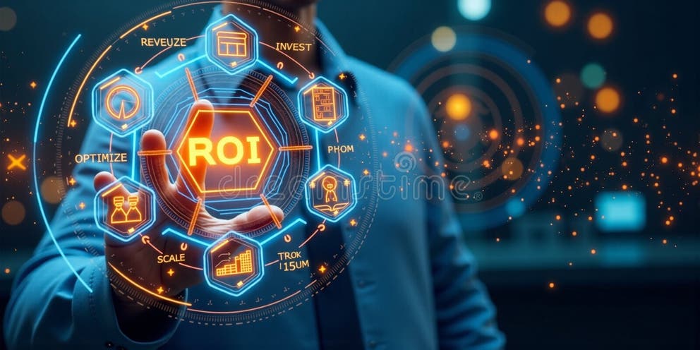 Hand Touching Glowing Couch Icon and Business Analytics Interface Stock ...