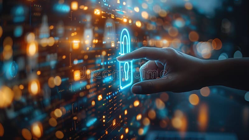 Hand Touching Glowing Digital Lock Icon with Network Connections in the Background Suggesting ...