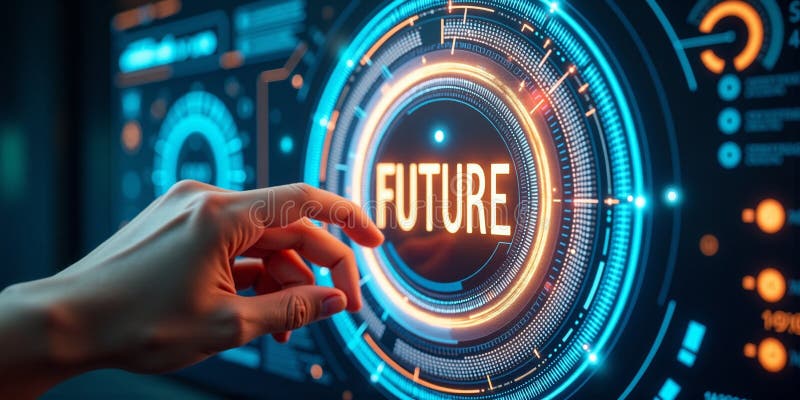 Hand Touching Glowing Future Icon and Business Analytics Interface ...