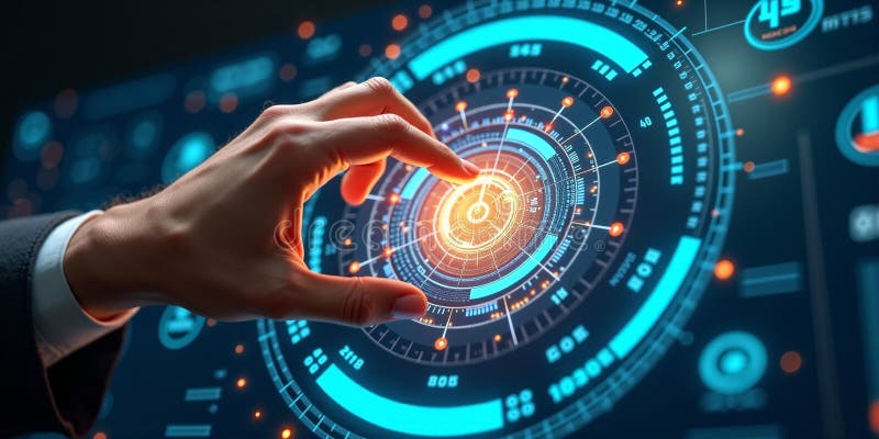 Hand Touching Glowing Future Icon and Business Analytics Interface ...