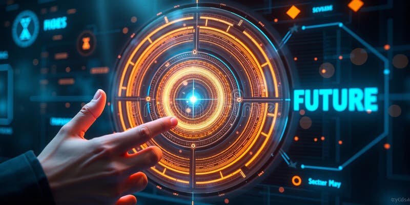 Hand Touching Glowing Future Icon and Business Analytics Interface ...