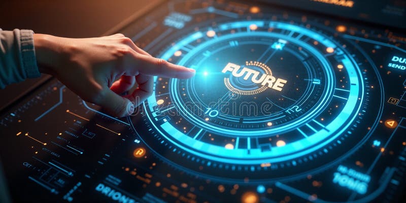 Hand Touching Glowing Future Icon and Business Analytics Interface ...
