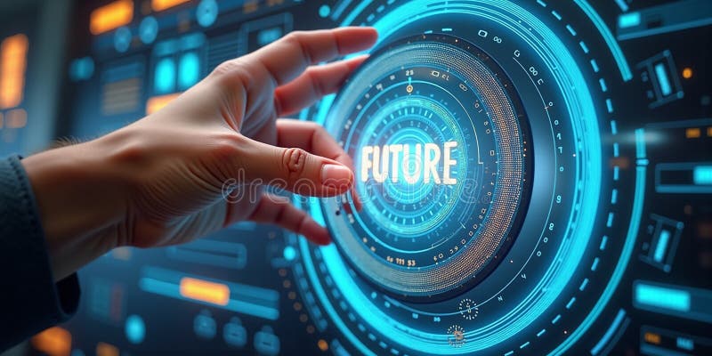 Hand Touching Glowing Future Icon and Business Analytics Interface ...