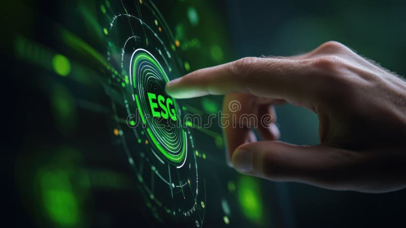 A Hand is Touching Glowing Green ESG Button on Digital Interface ...