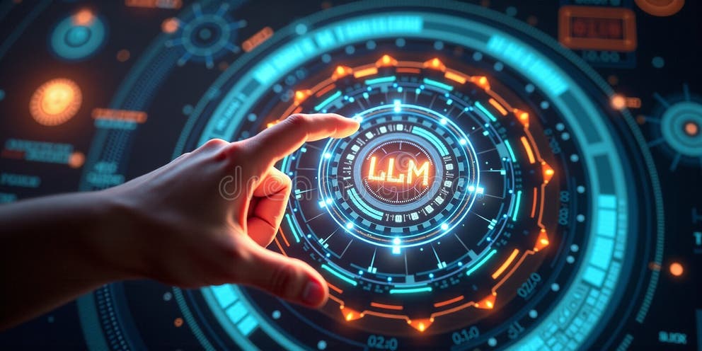 Hand Touching Glowing LLM Icon and Business Analytics Interface Stock ...