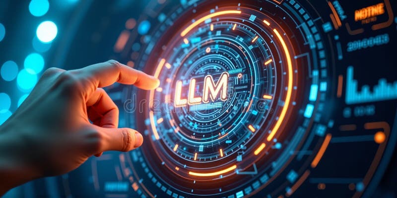 Hand Touching Glowing LLM Icon and Business Analytics Interface Stock ...