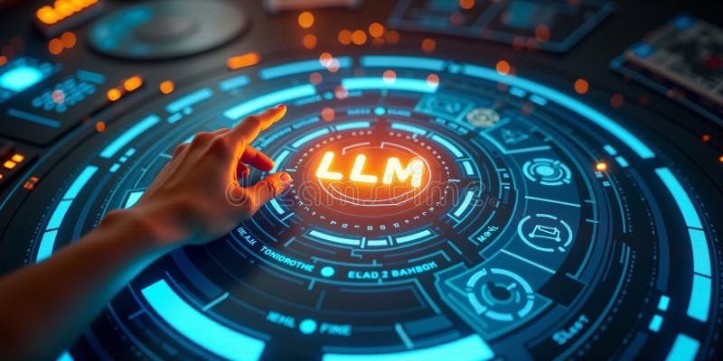 Hand Touching Glowing LLM Icon and Business Analytics Interface Stock ...