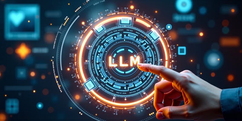 Hand Touching Glowing LLM Icon and Business Analytics Interface Stock ...