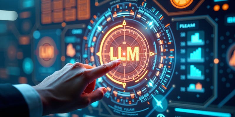Hand Touching Glowing LLM Icon and Business Analytics Interface Stock ...