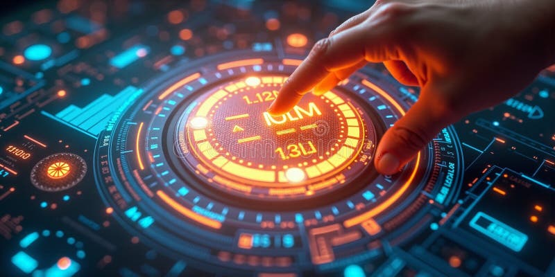 Hand Touching Glowing LLM Icon and Business Analytics Interface Stock ...