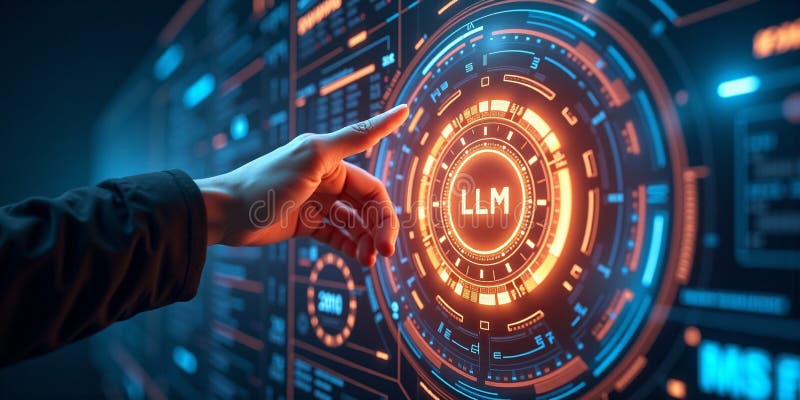 Hand Touching Glowing LLM Icon and Business Analytics Interface Stock ...