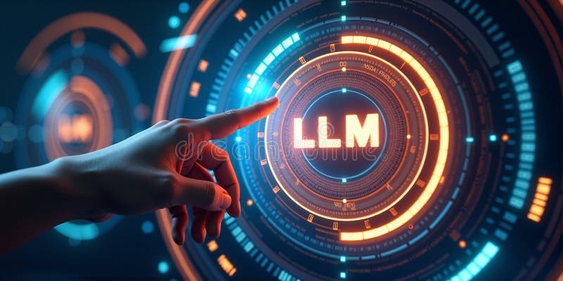 Hand Touching Glowing LLM Icon and Business Analytics Interface Stock ...