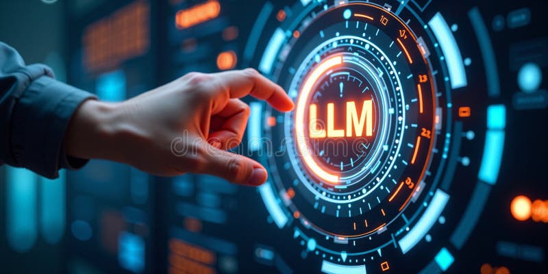 Hand Touching Glowing LLM Icon and Business Analytics Interface Stock ...