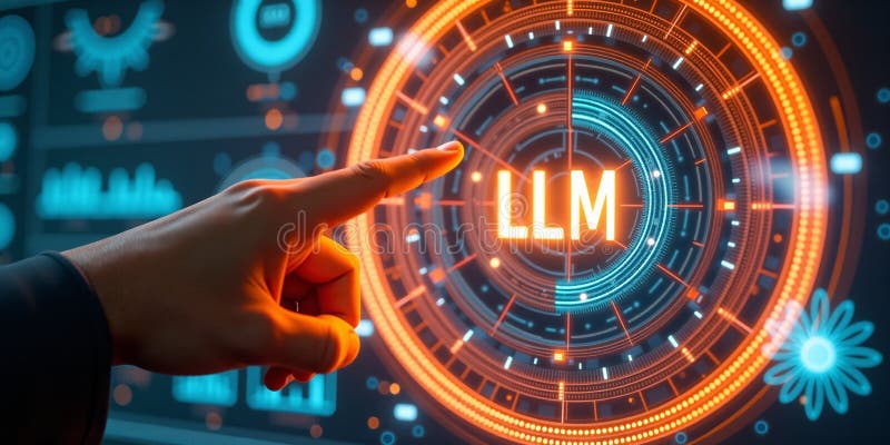 Hand Touching Glowing LLM Icon and Business Analytics Interface Stock ...