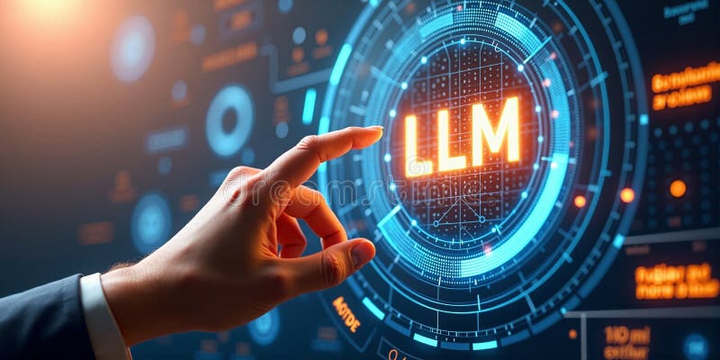 Hand Touching Glowing LLM Icon and Business Analytics Interface Stock ...