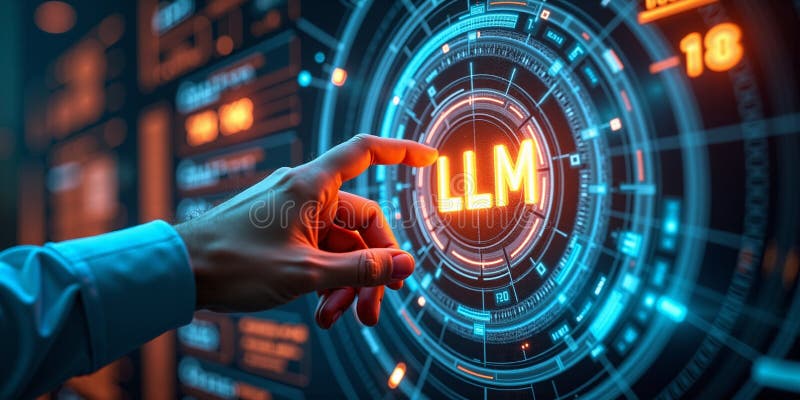 Hand Touching Glowing LLM Icon and Business Analytics Interface Stock ...
