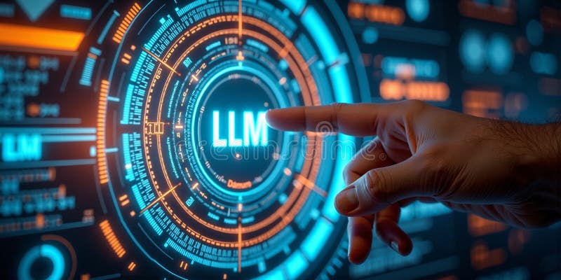 Hand Touching Glowing LLM Icon and Business Analytics Interface Stock ...