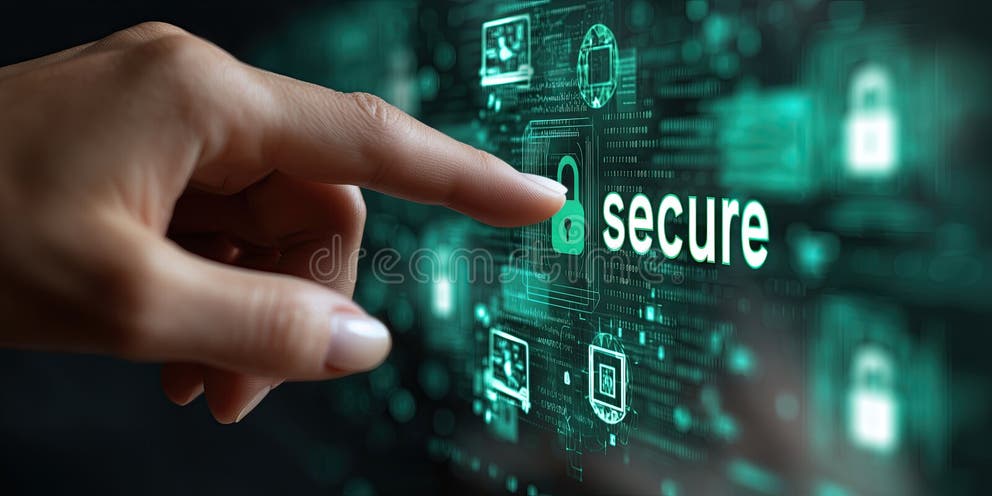 Hand Touching Glowing Lock Icon on Digital Screen with Word Secure ...