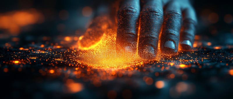 Hand Touching Glowing Particles, Creating Digital Effect Stock ...