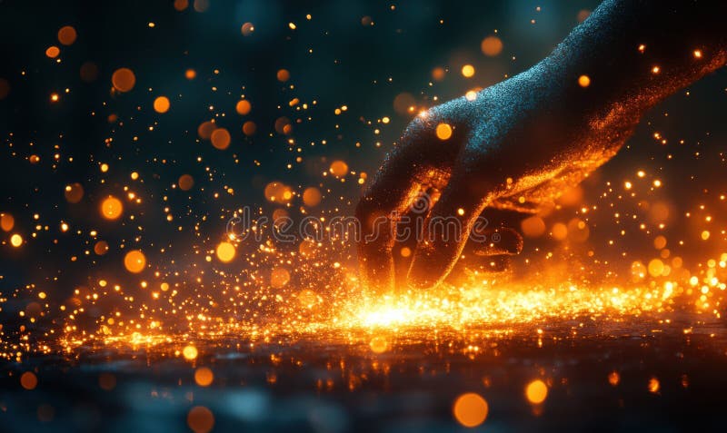 Hand Touching Glowing Particles in Mesmerizing Light at Night Stock ...