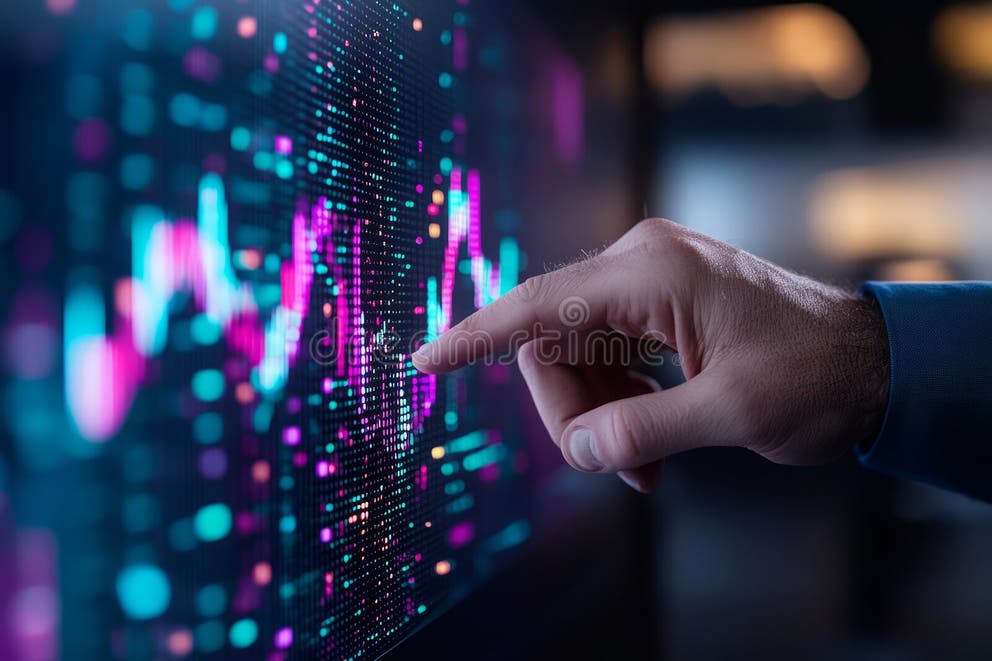 Hand Touching a Point on a Digital Binary Code Interface Stock Image - Image of user ...