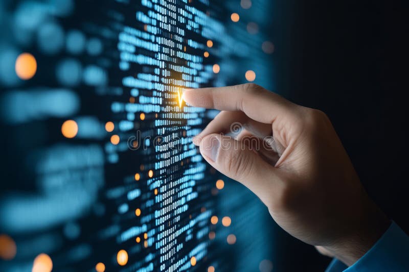Hand Touching a Point on a Digital Binary Code Interface Stock Image - Image of software, data ...