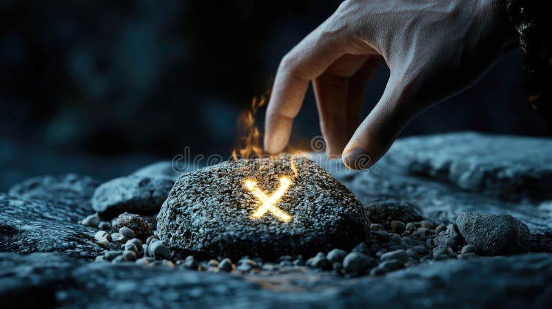 Hand Touching Glowing Rune on Stone with Mysterious Symbol in Nature ...