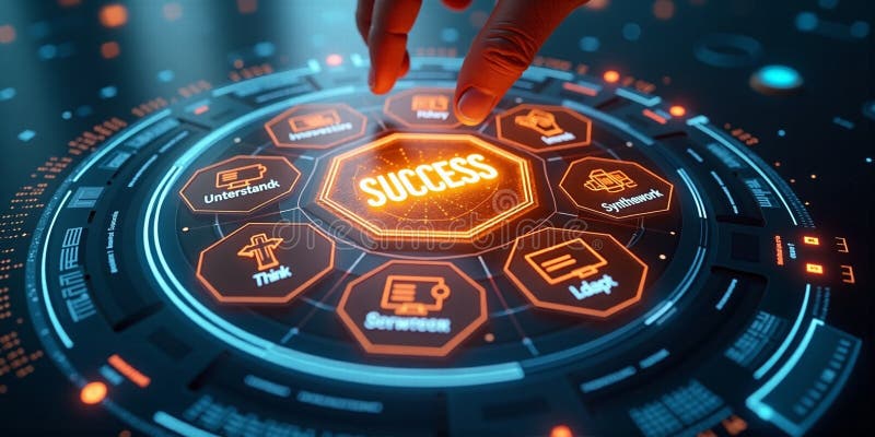 Hand Touching Glowing Success Icon and Business Analytics Interface ...