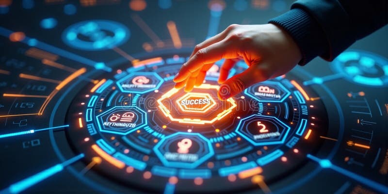Hand Touching Glowing Success Icon and Business Analytics Interface ...