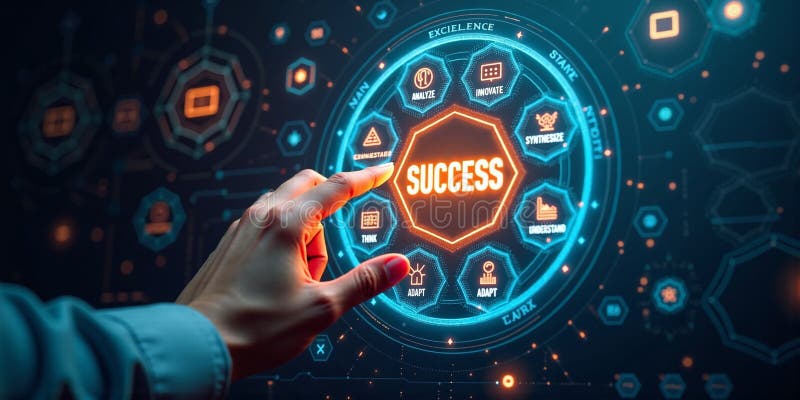 Hand Touching Glowing Success Icon and Business Analytics Interface ...