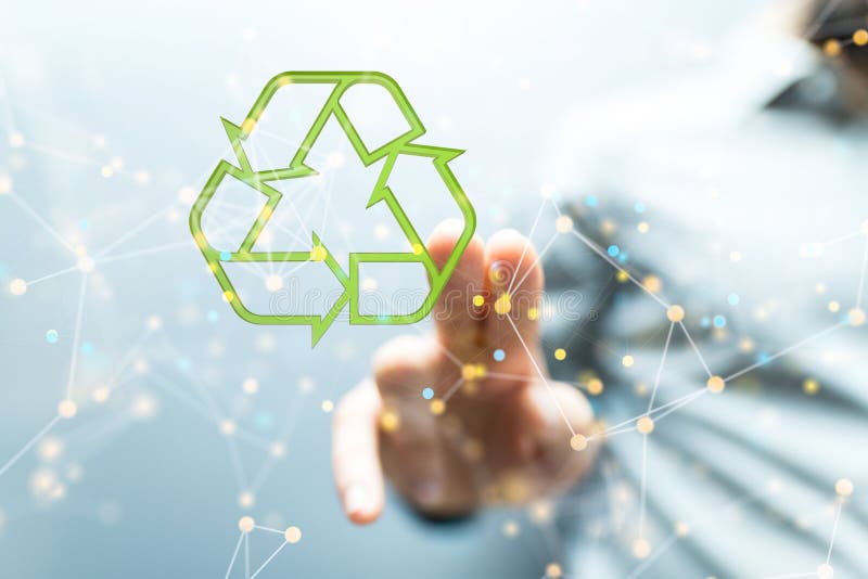 Hand Touching a Green Recycling Sign. Stock Photo - Image of waste ...