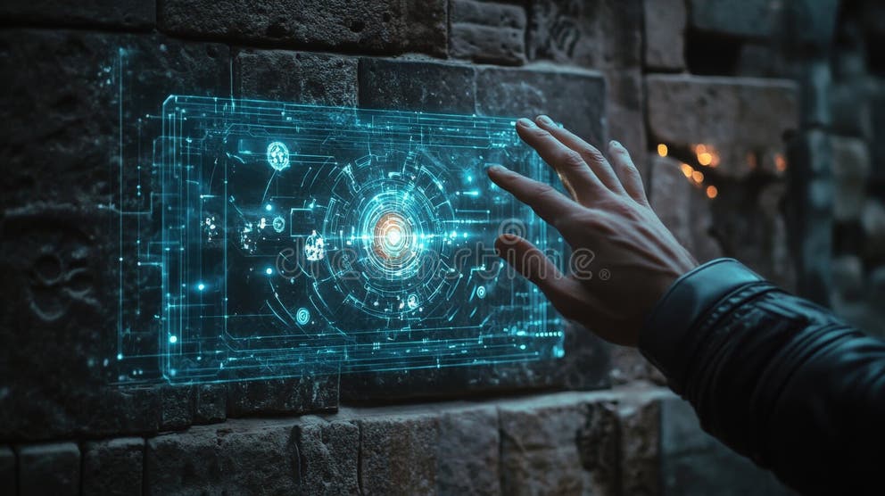 Hand Touching Holographic Futuristic Interface Projected on an Ancient ...