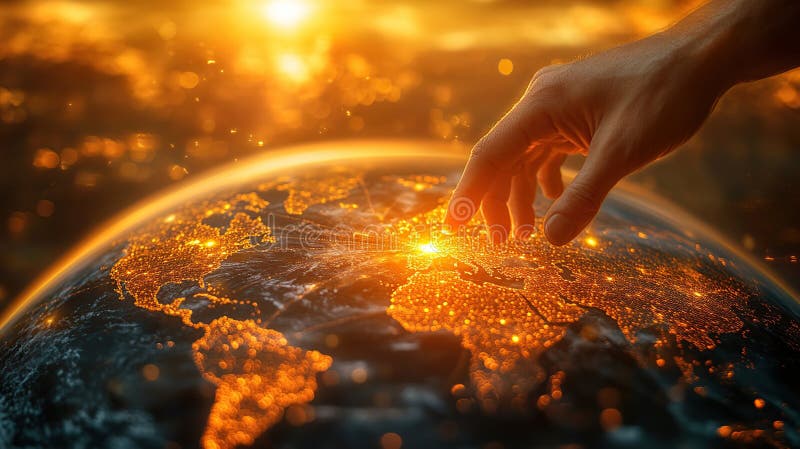 Hand Touching Illuminated Earth Globe at Sunrise, Global Connection ...