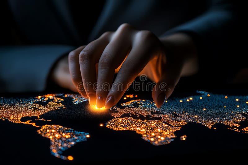 Hand Touching Illuminated World Map, Highlighting Connectivity and ...