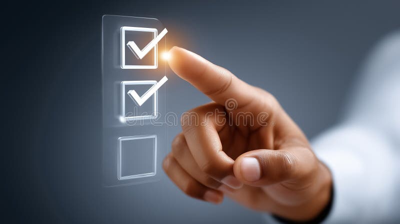 Hand Touching Interactive Digital Checklist with Glowing Checkmarks ...
